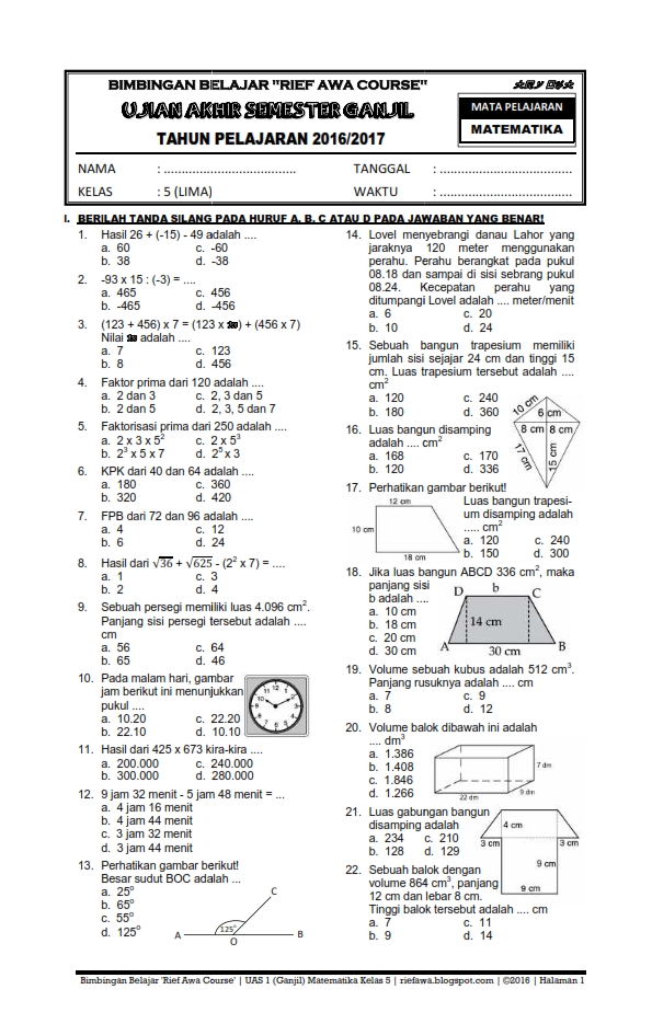 Soal Uas Matematika Kelas 5 Semester 1 Dan Kunci Jawaban - Riset Soal Uas Matematika Kelas 5 Semester 1 Dan Kunci Jawaban - Riset