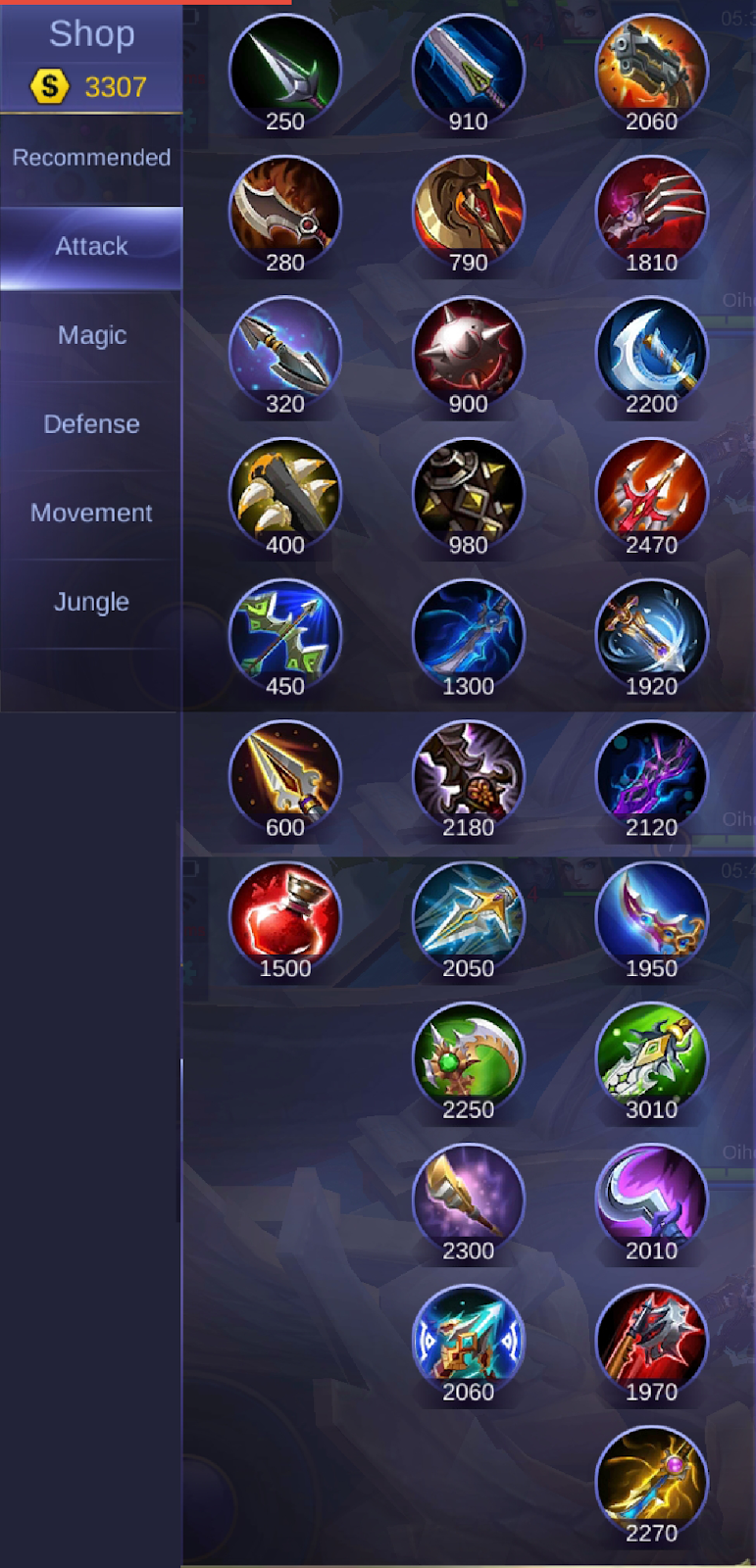 All Attack Items sorted by Price (MLBB Season 9)