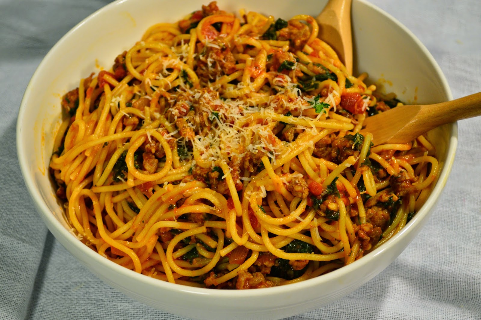 Mint and Mimosas: #308 Spinach and Sausage Spaghetti, By: V