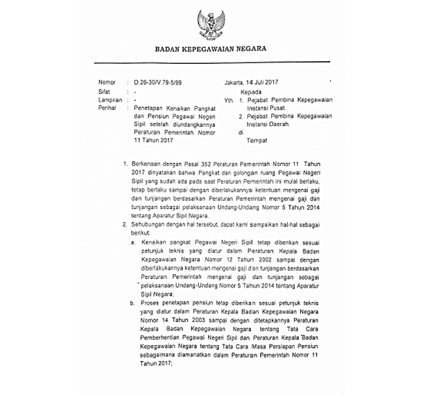 Surat Edaran Kepala BKN No D-26-30/V/99 Tentang Penetapan Kenaikan Pangkat dan Pensiunan PNS ...