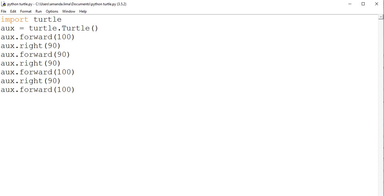 Programar é brincar: Primeiro programa usando Python Turtle.