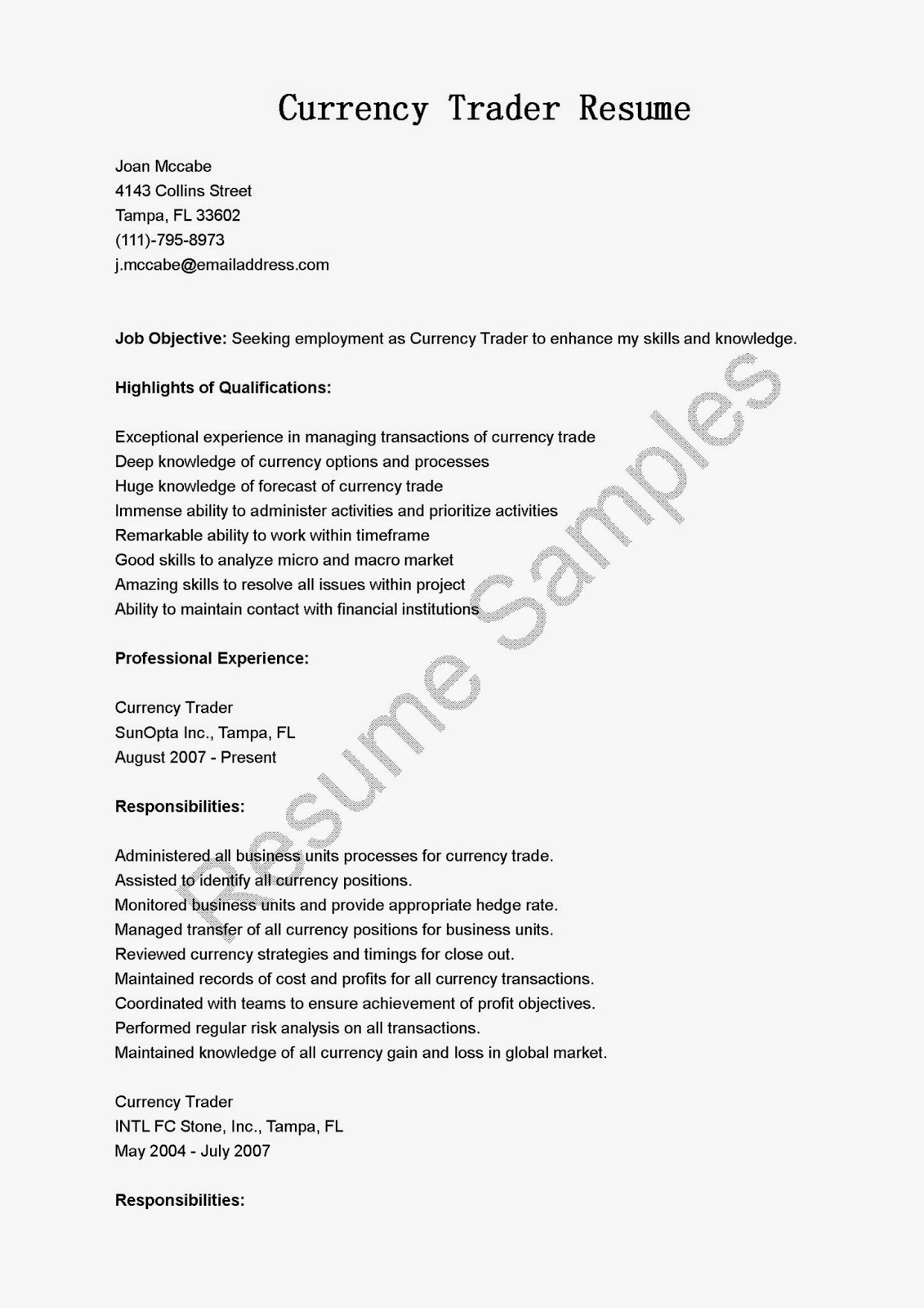 Resume Samples: Currency Trader Resume Sample
