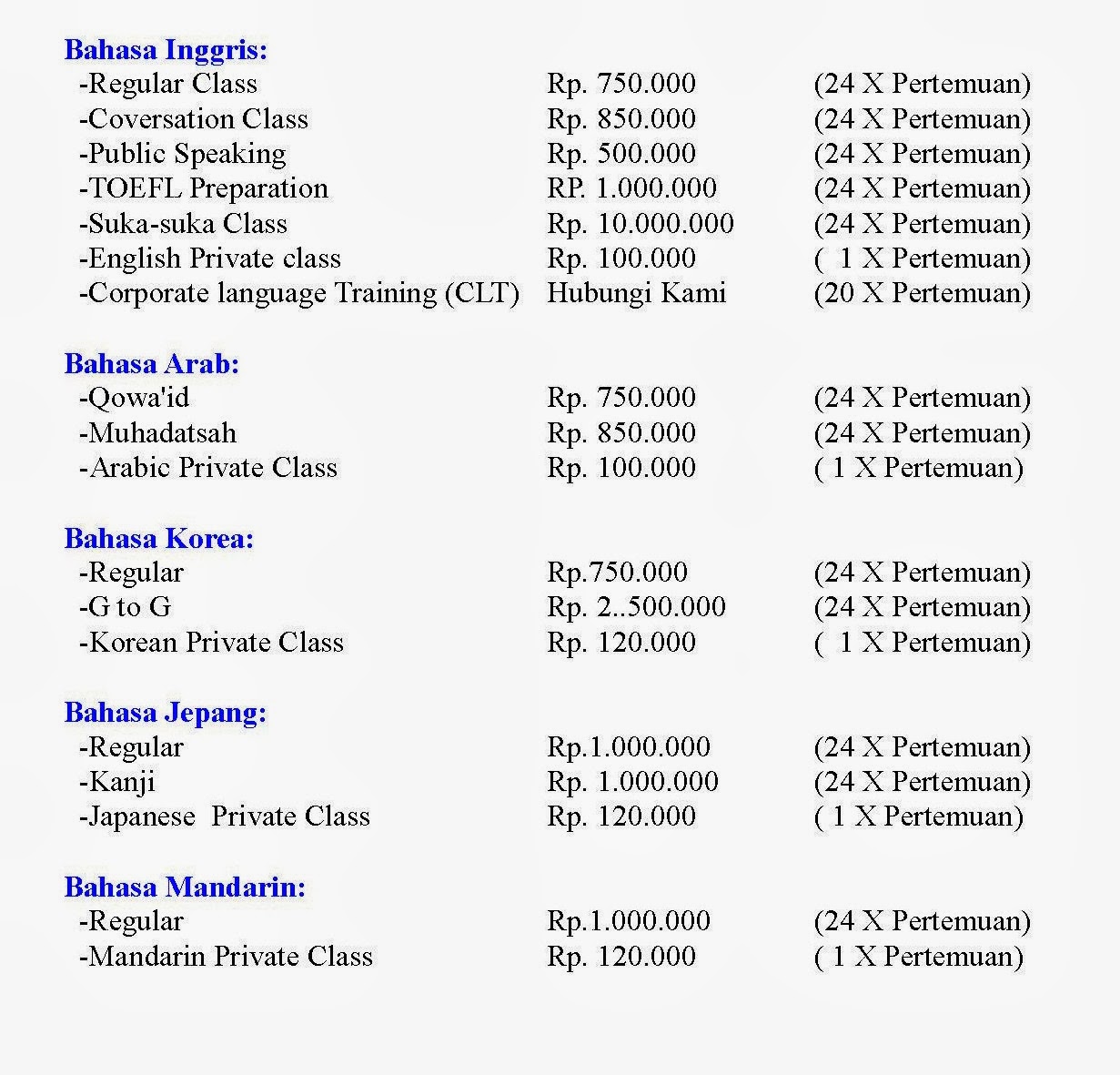 BIAYA ~ Kursus dan Private Bahasa Asing di Pekanbaru "Inggris, Arab ...