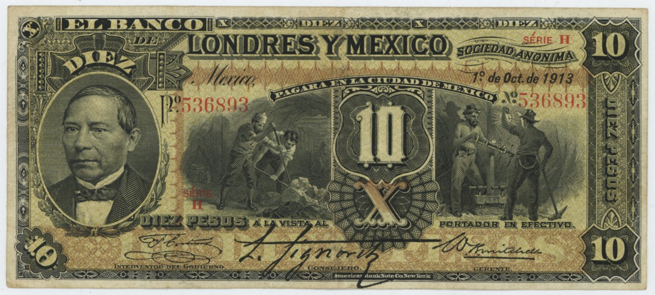 Mexican banknotes 10 Pesos banknote 1913 El Banco de Londres y Mexico ...