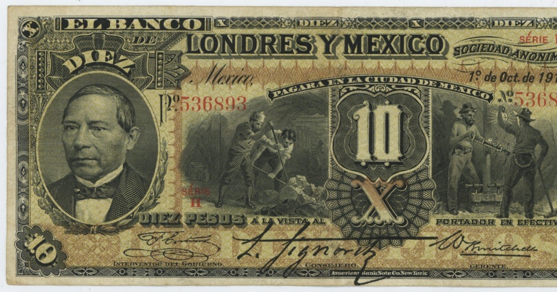 Mexican banknotes 10 Pesos banknote 1913 El Banco de Londres y Mexico ...