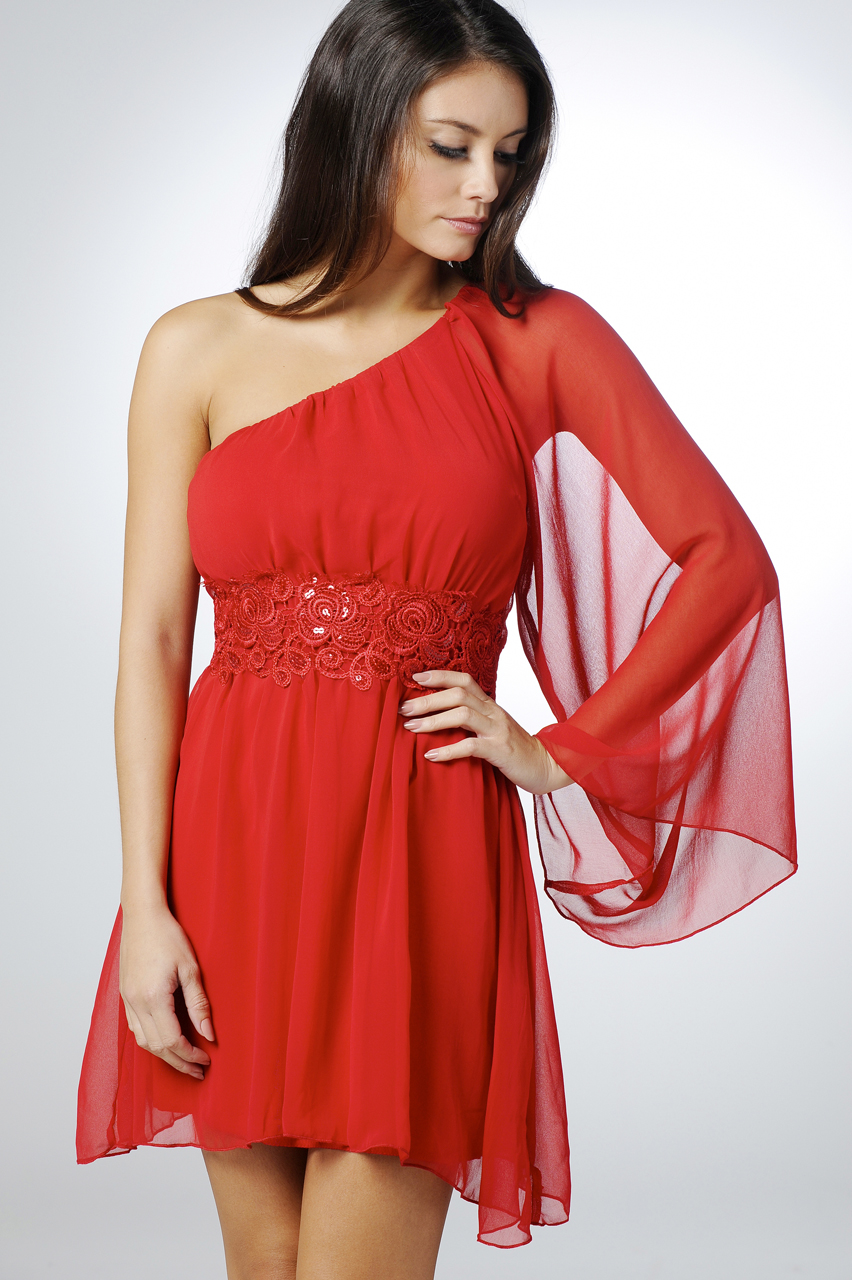 Embellished Waist Chiffon Red Dress 2013 - Beauty Fashion