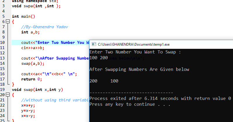 C Program To Swap Two Numbers Without Using Third Variable 