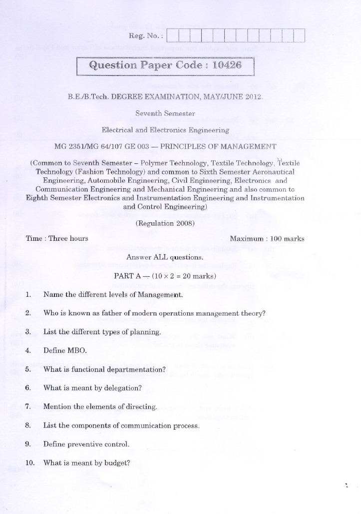 2012 Question Paper of Anna University 06th Semester MG2351 Principles ...