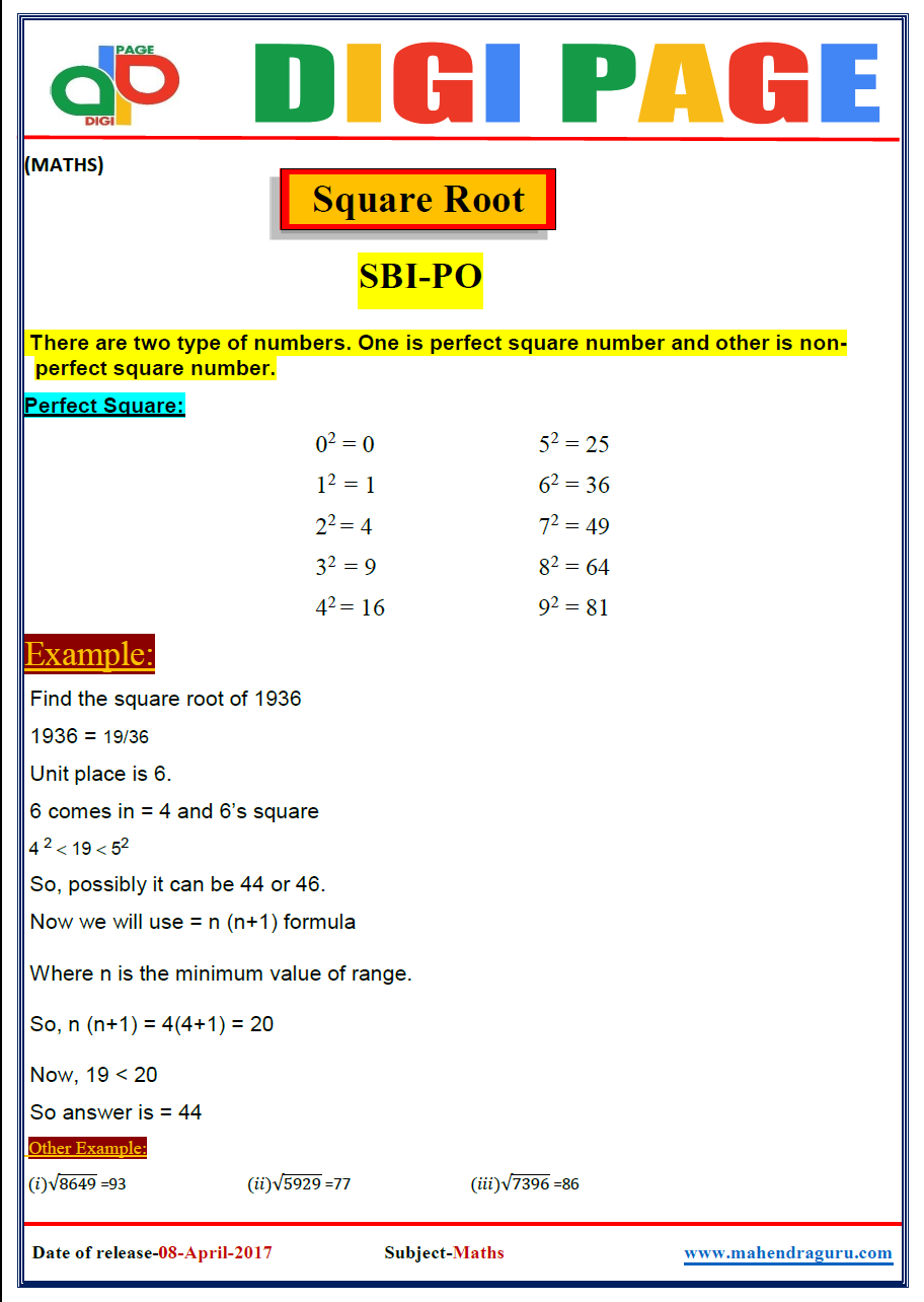 DP | SQUARE ROOT | 8 - APR - 17 | IMPORTANT FOR SBI PO