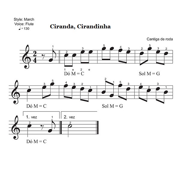 Partituras Musicais: Ciranda, Cirandinha - Folclore Brasileiro - n.º 413
