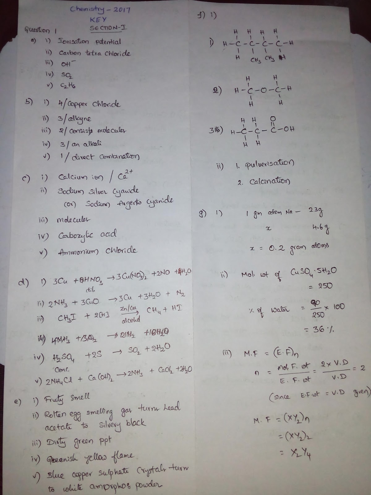 ICSE CHEMISTRY BOARD PAPER KEY