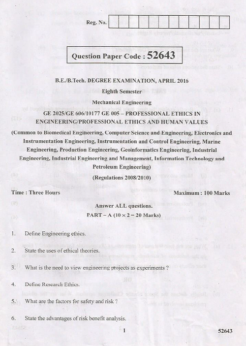 GE2025 Professional Ethics in Engineering April 2016 Question Paper ...