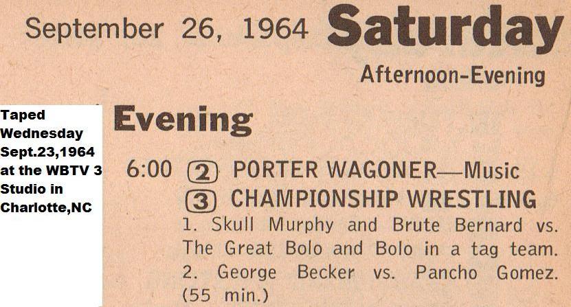 All Star Championship Wrestling: Charlotte,NC - Sept.26,1964