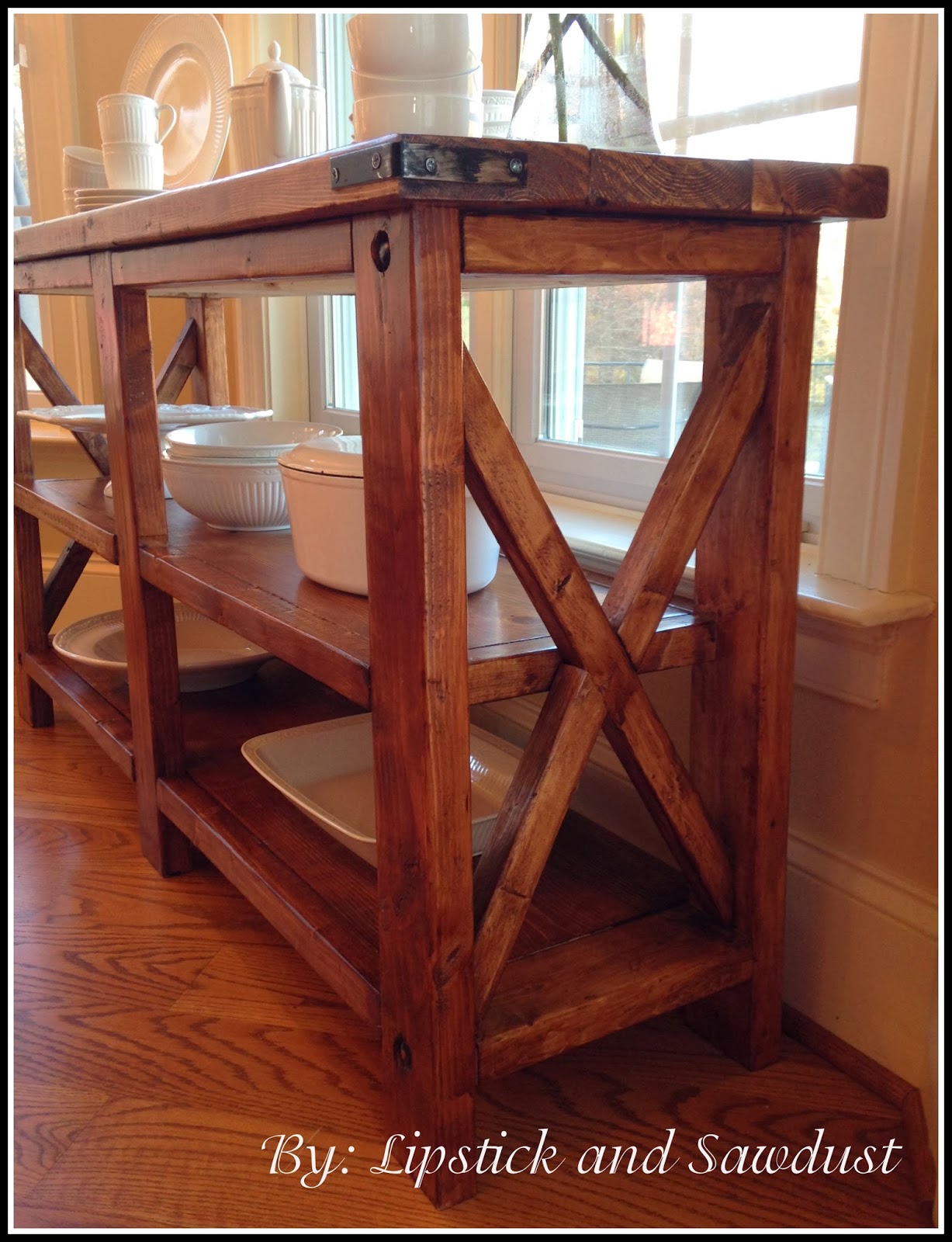 Lipstick and Sawdust: Rustic X Console Table with Distressed Hardware