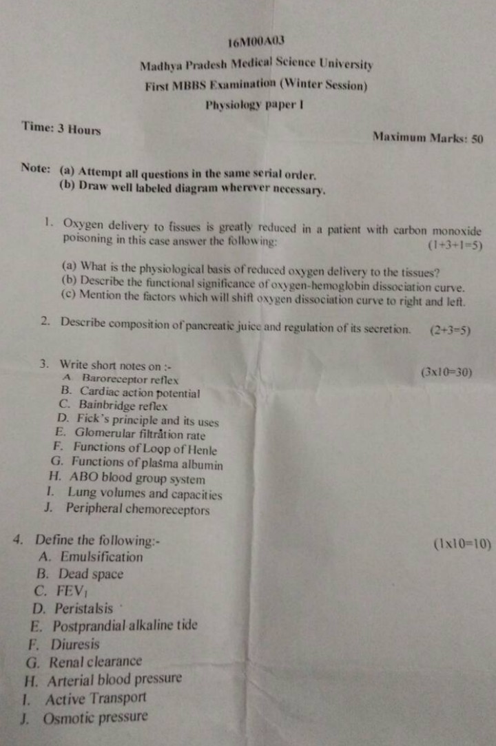 MBBS 1st year physiology paper1 2015 (winter) of the jabalpur ...