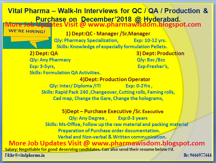 Vital Pharma - Walk-In Interviews for QC / QA / Production & Purchase ...