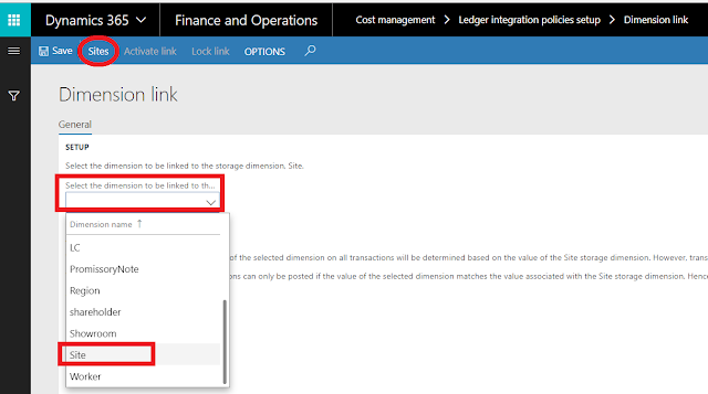 How To Link inventory site to a financial dimension in dynamics 365?