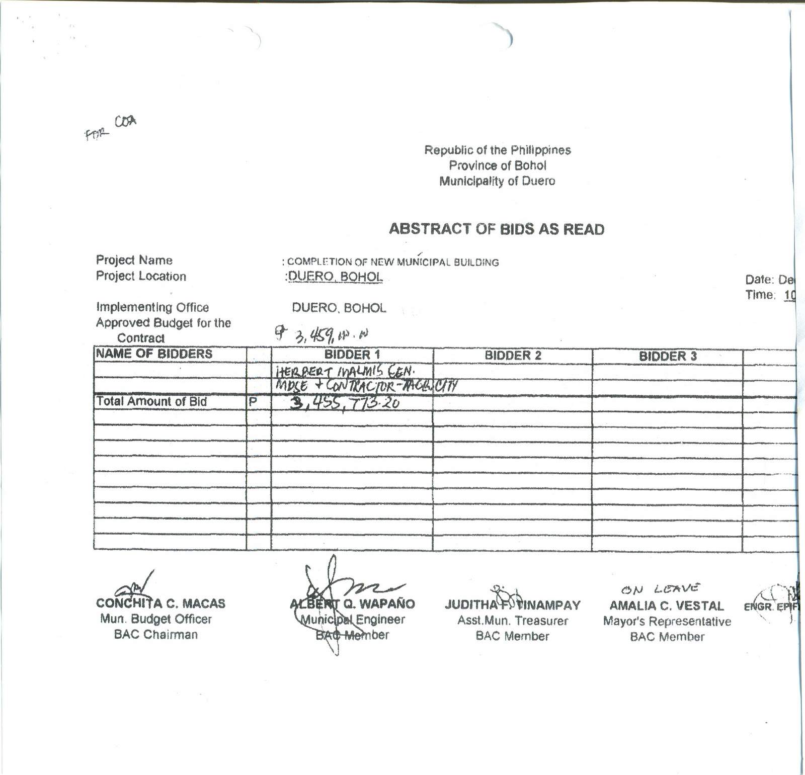 The Municipality of Duero, Bohol: * Abstract of Bids as Read