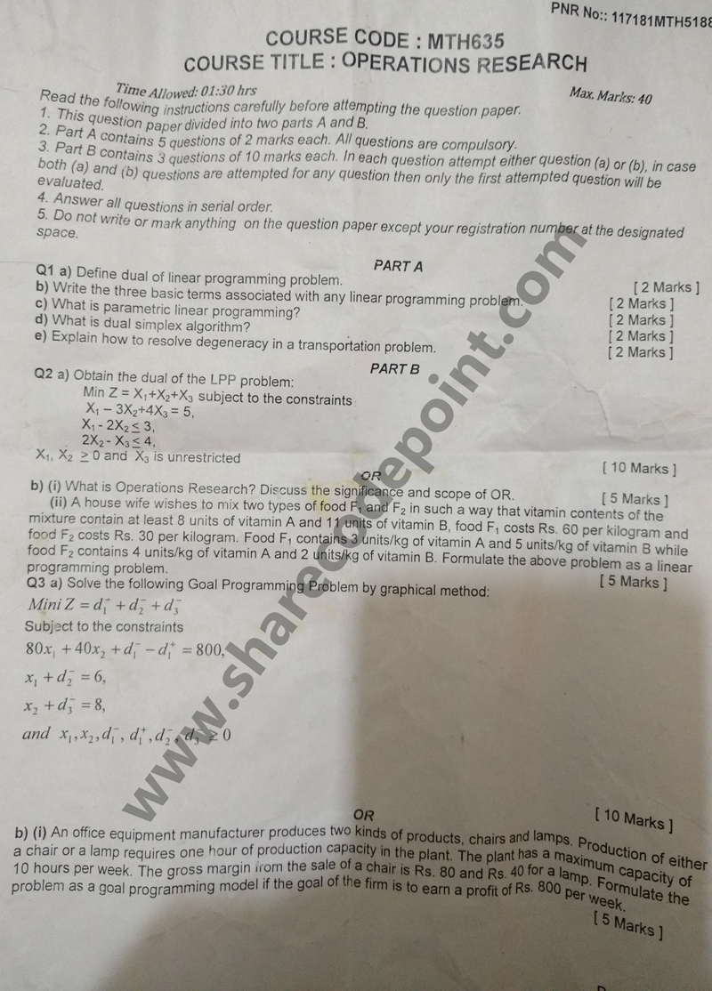 MTH635 : Operations Research Mid Term Exam Question Paper - MTE