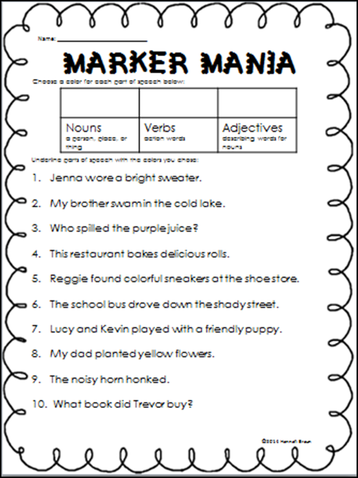 Classroom Freebies Too: Parts of Speech Marker Mania