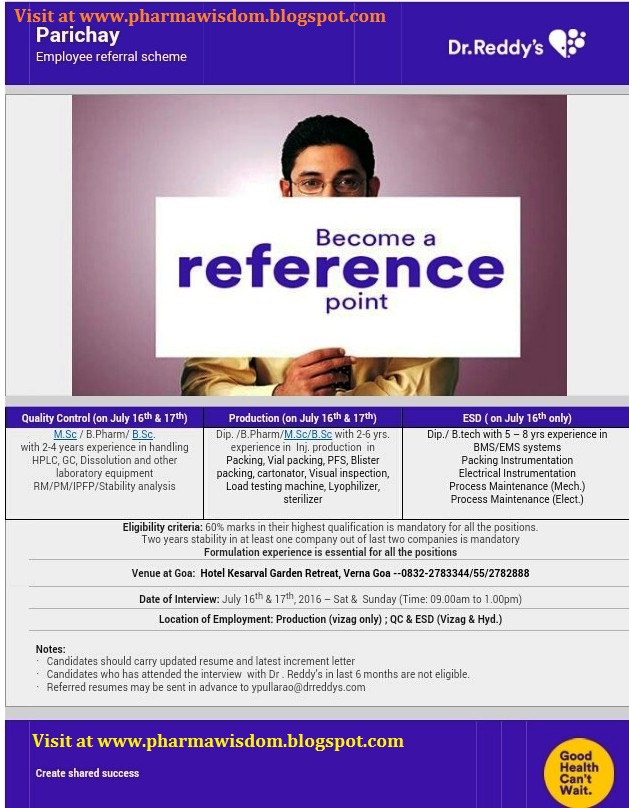 Dr.Reddy's Walk-In Interview on 16th & 17th July 2016 @ GOA - PHARMA WISDOM