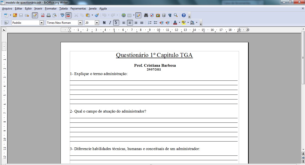 Turma de Administração UNICE: Questionário 1º Capítulo de TGA em Word