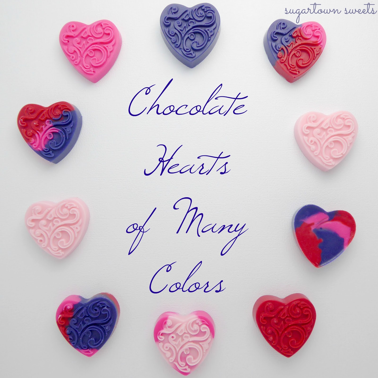 Sugartown Sweets: Chocolate Candy Hearts of Many Colors