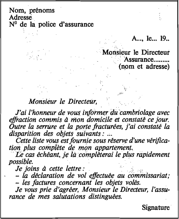 Modèle lettre déclaration vol assurance - Lettres et langue française