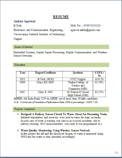 Simple ECE Fresher Resume Sample Format in Word
