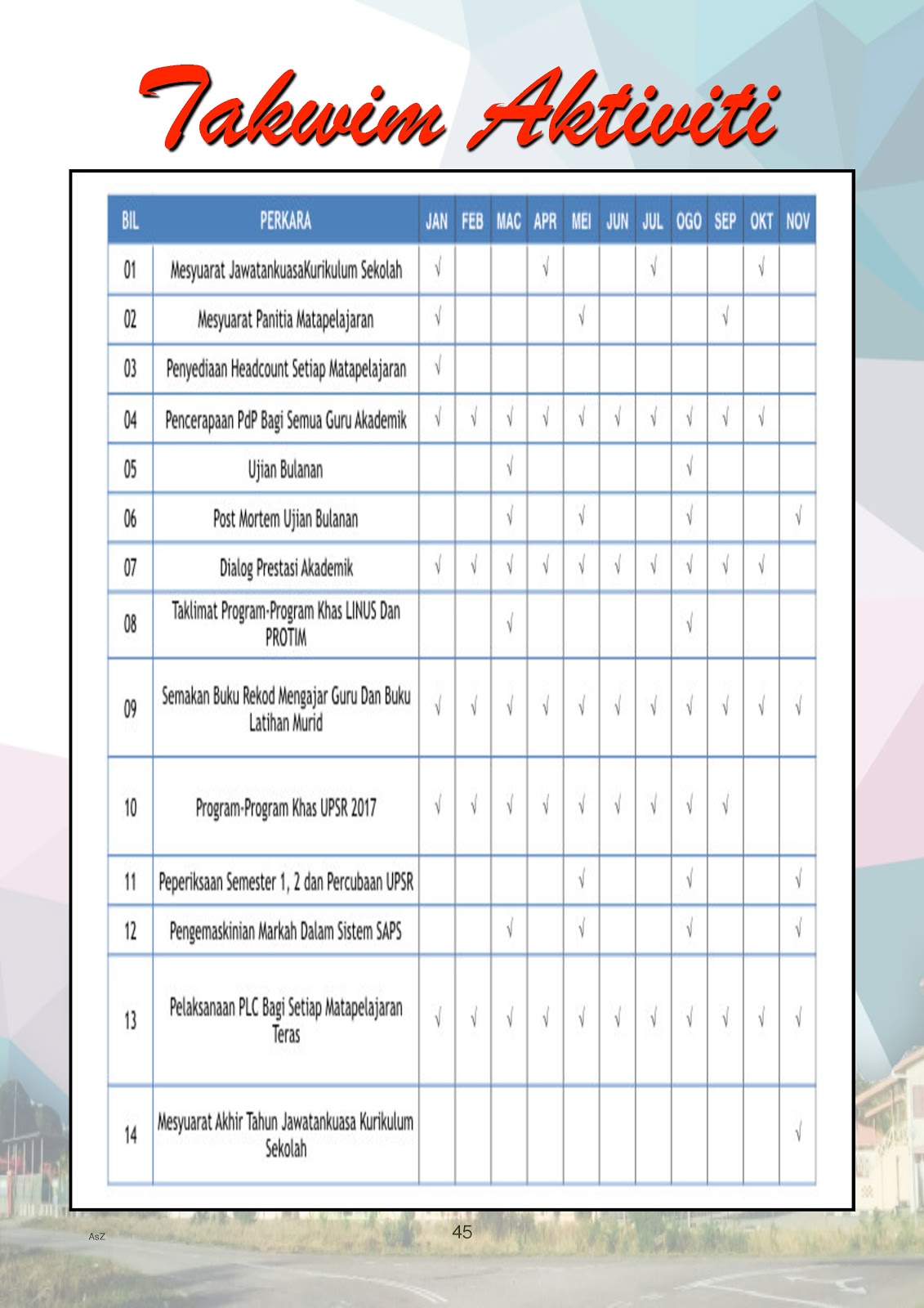 Takwim Aktiviti Kurikulum ~ Sekolah Pusat SK Bum-Bum