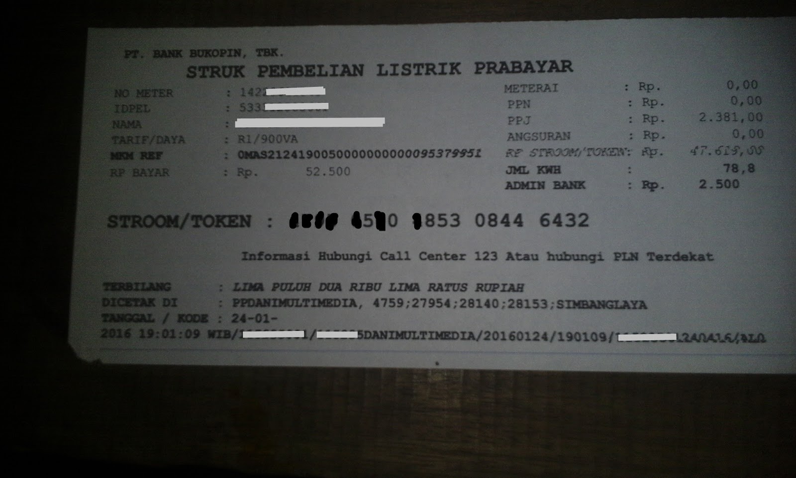 Struk Bukti Pembayaran Tagihan Pln Dan Pembelian Token Listrik Pln