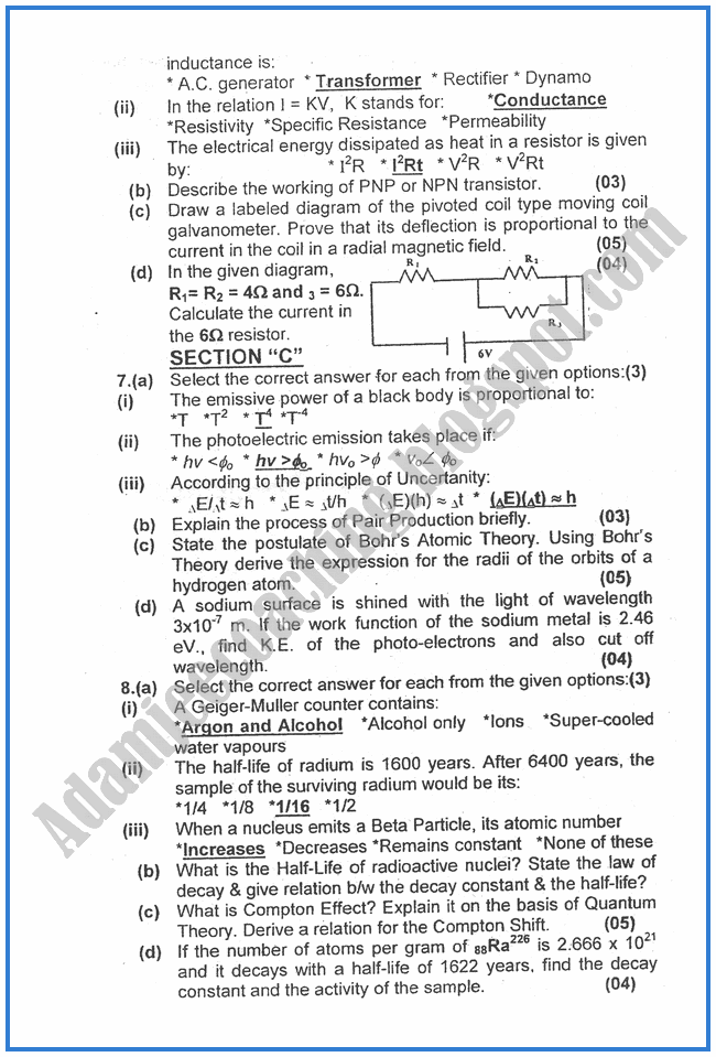 Adamjee Coaching: Physics 2009 - Past Year Paper - Class XII