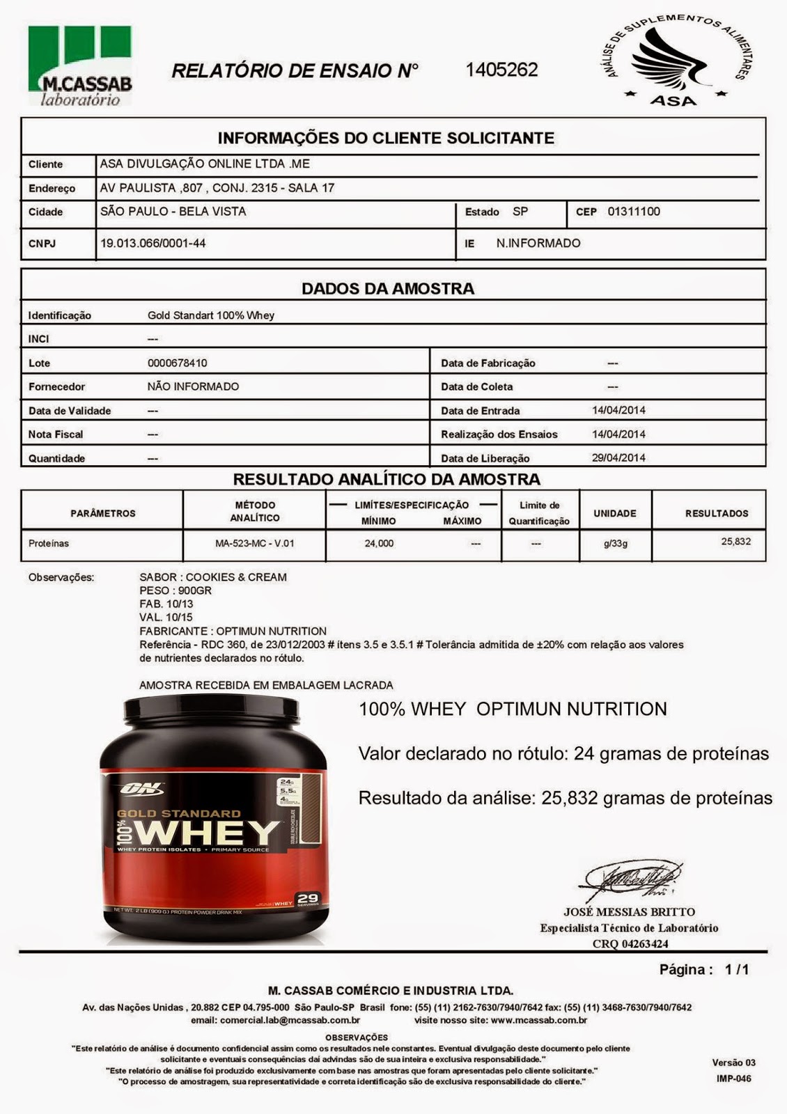 Laudo Suplementos: Gold Standard 100% Whey - Optimun Nutrition