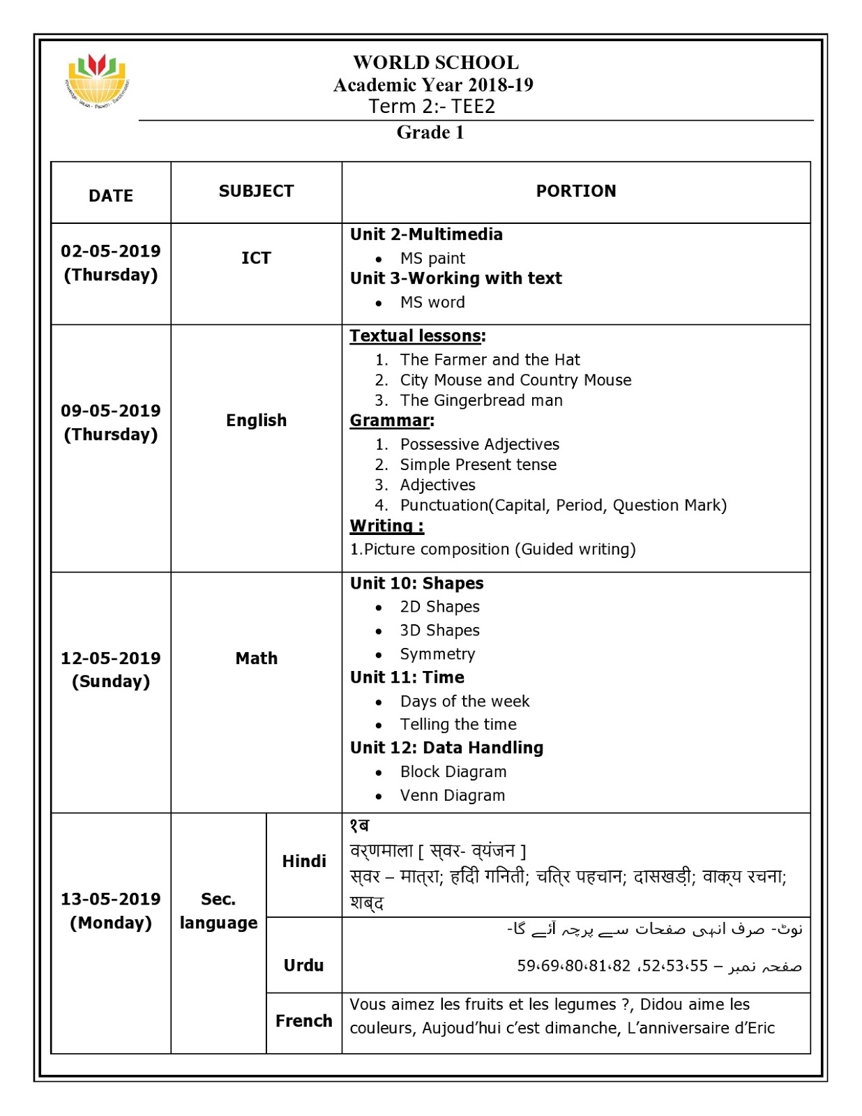 Birla World School Oman: TEE2-Portion with Exam Dates for Grade 1