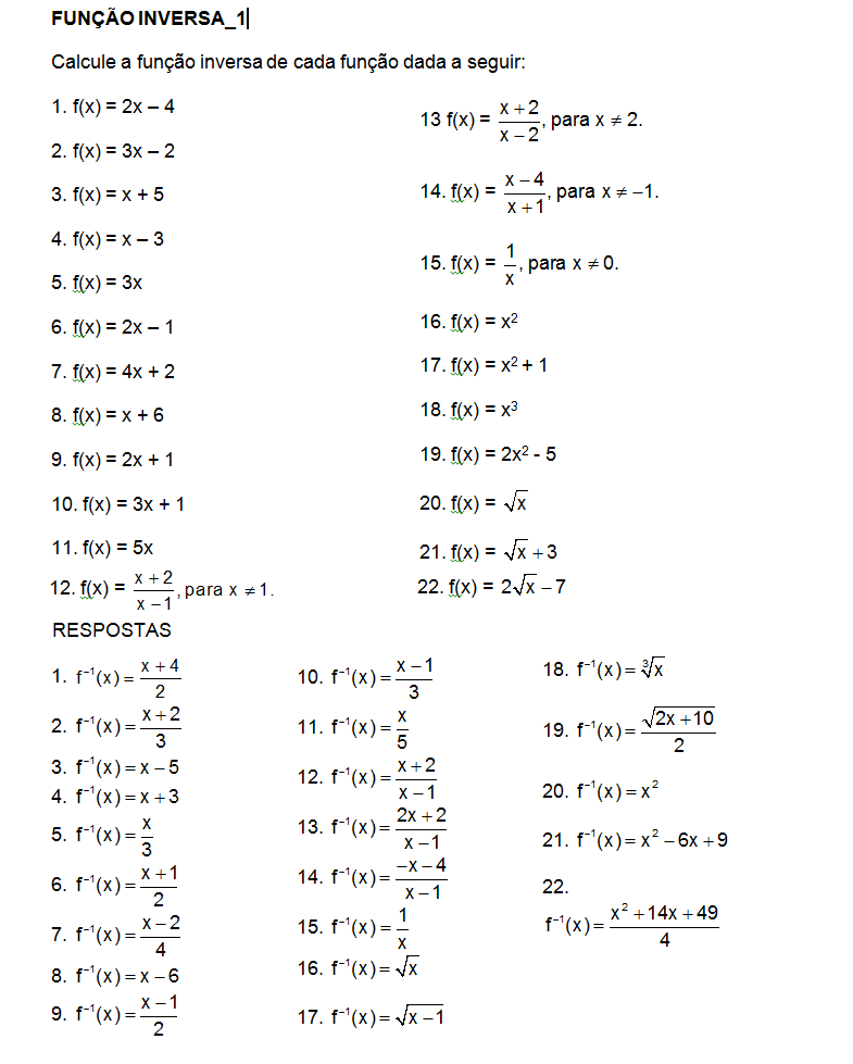 Lição de casa: Função inversa 1
