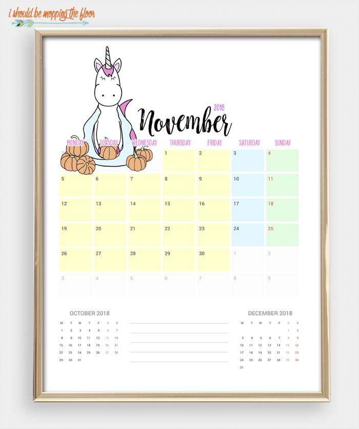 2018 Printable Unicorn Calendar | i should be mopping the floor