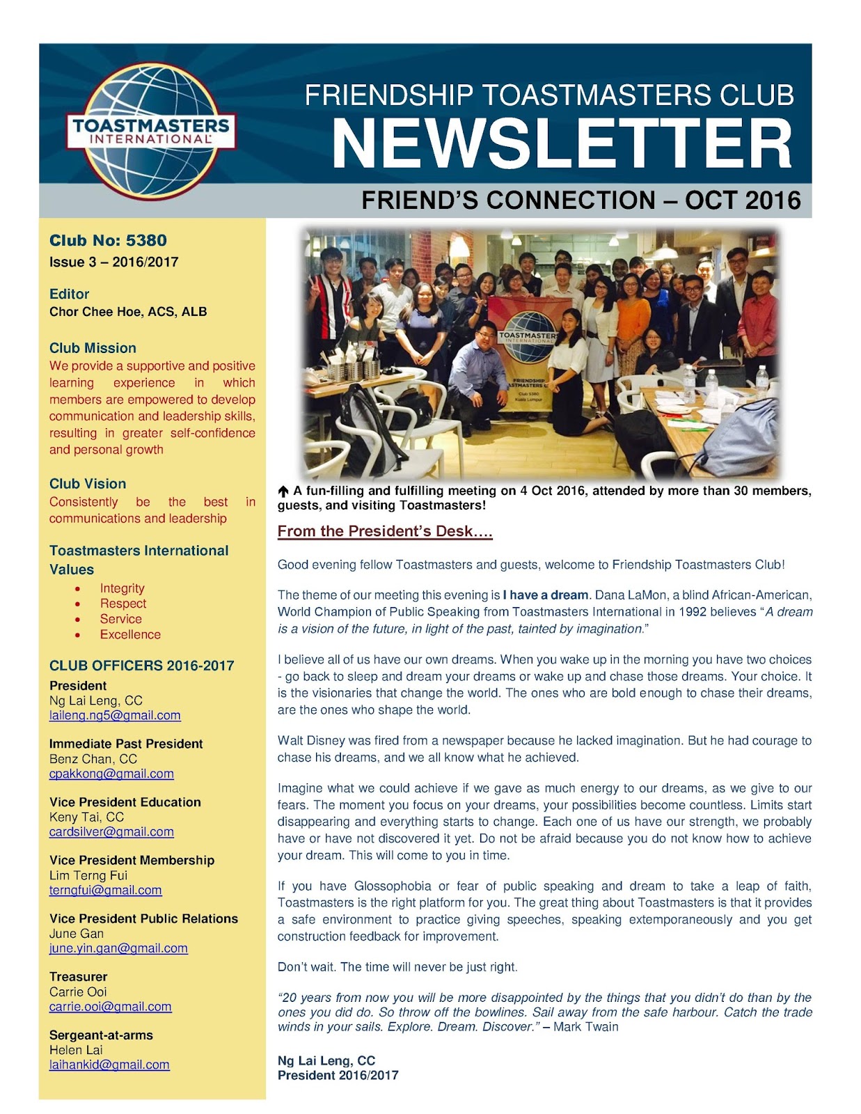 Friendship Toastmasters Club: Newsletter Issue 3 - 2016/2017