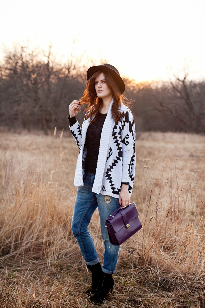 AZTEC CARDIGAN & PURPLE BAG | TIE BOW-TIE