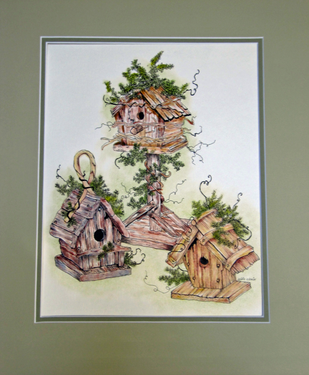 Keepsakes Art Studio: Birdhouses Pen and Ink with Oil Rouging