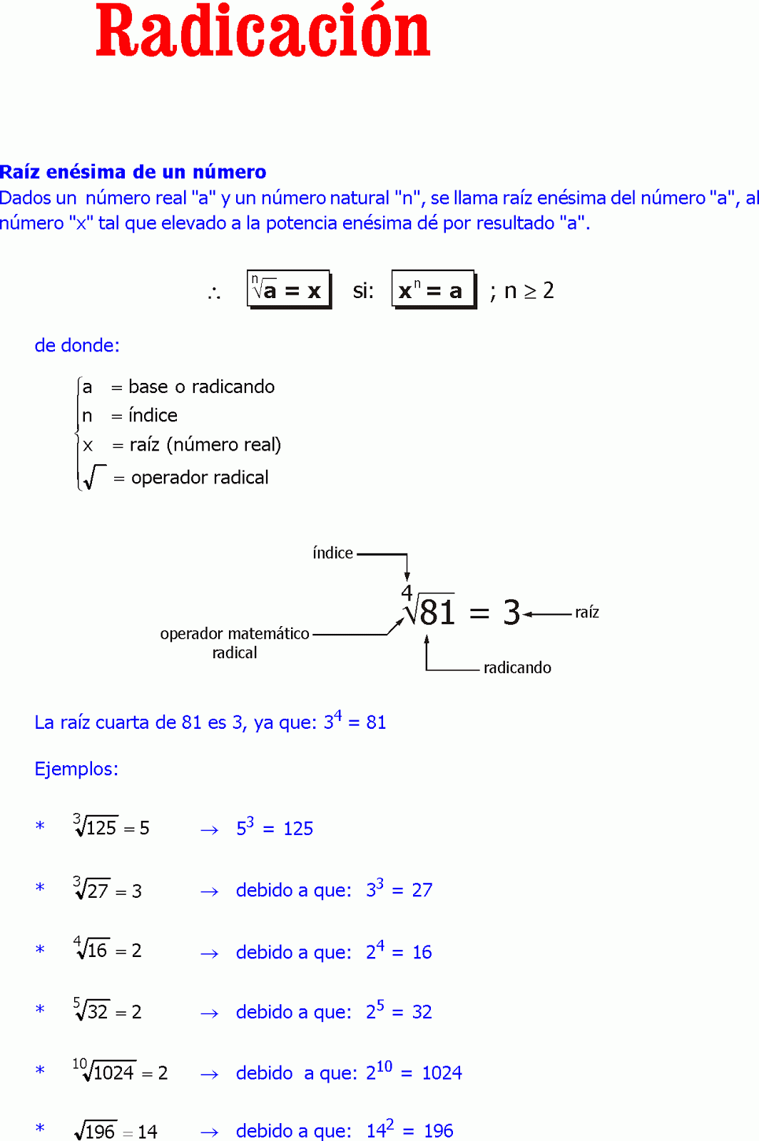 RADICACIÓN Y RAICES EJEMPLOS EJERCICIOS PARA RESOLVER DE MATEMÁTICAS DE ...