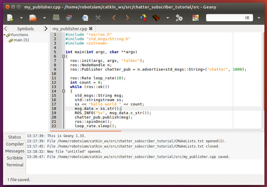 ROSTHAI สร้างหุ่นยนต์ด้วย ROS: สร้าง Packages ของ ROS และ Hello World