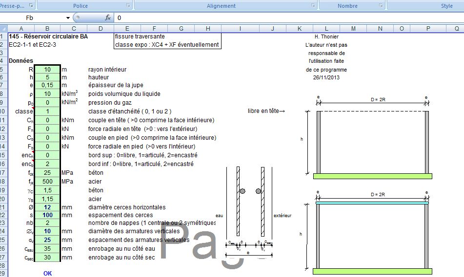 Note de calcul excel pour réservoir circulaire en béton armé