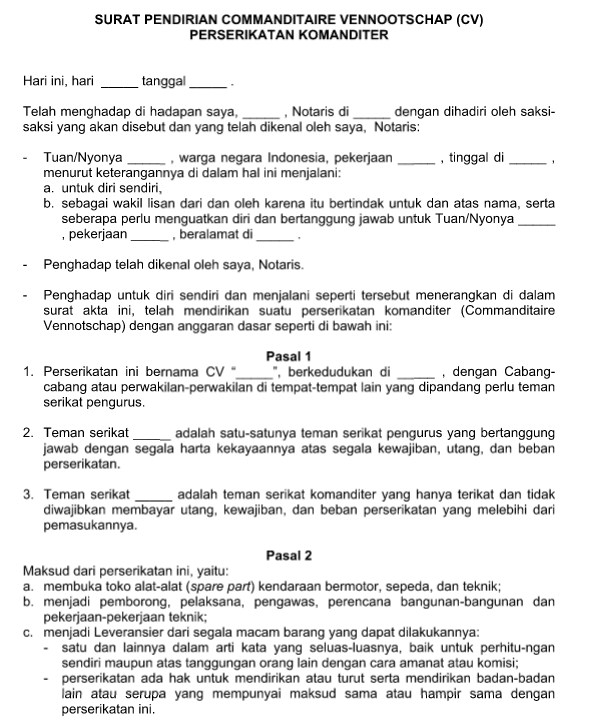 Contoh Surat Perjanjian Pendirian Commanditaire Vennootschap Cv Resmi