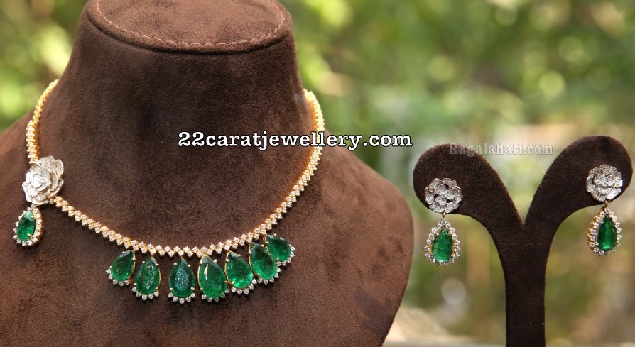 Simple Diamond Choker with Emerald Drops - Jewellery Designs
