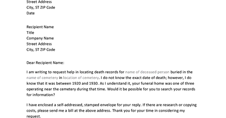Letter requesting genealogy records from funeral home Download ~ I m ...