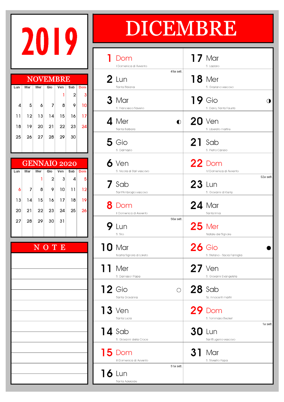 Calendario : Calendario mensile - Dicembre 2019
