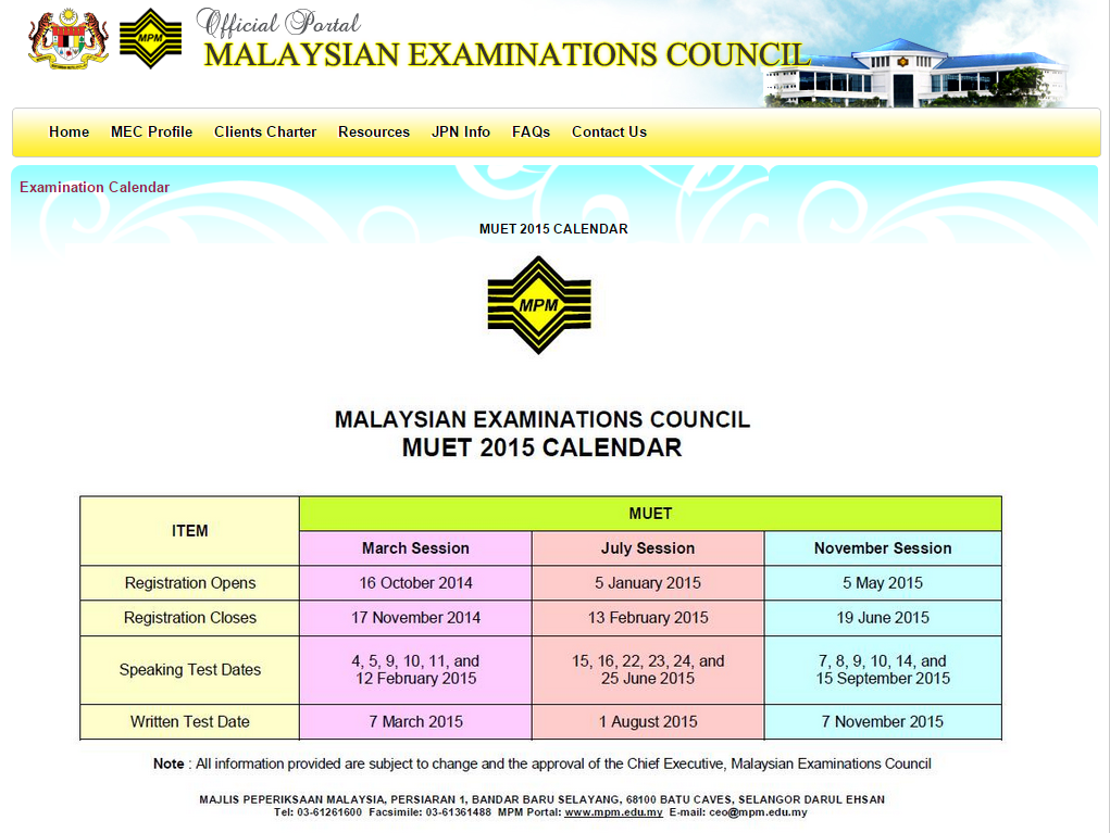 MUET: English In Pre-University & University: MUET Schedules