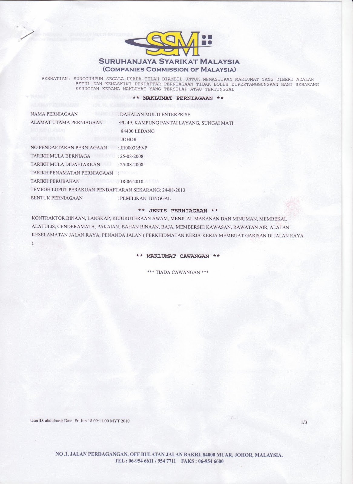 DAHALAN MULTI ENTERPRISE: SIJIL PENDAFTARAN SYARIKAT (SSM),PKK & CIDB
