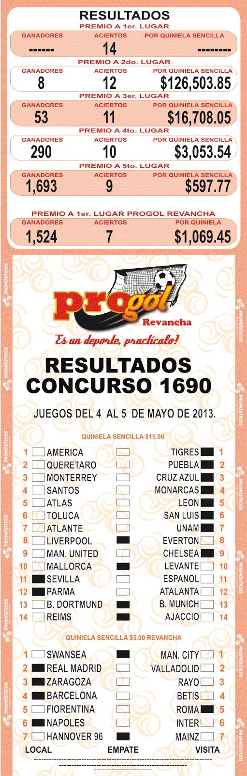 Quinielas.lev: Resultados de la Quiniela Progol 1690.