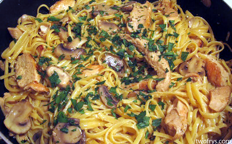 Two Frys: Linguini with Fiore's Famous Garlic Sauce, Mushrooms, and Chicken
